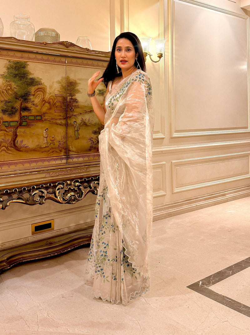Actor Sagarika Z Ghatge in our elegant Silver Silk Tissue Saree